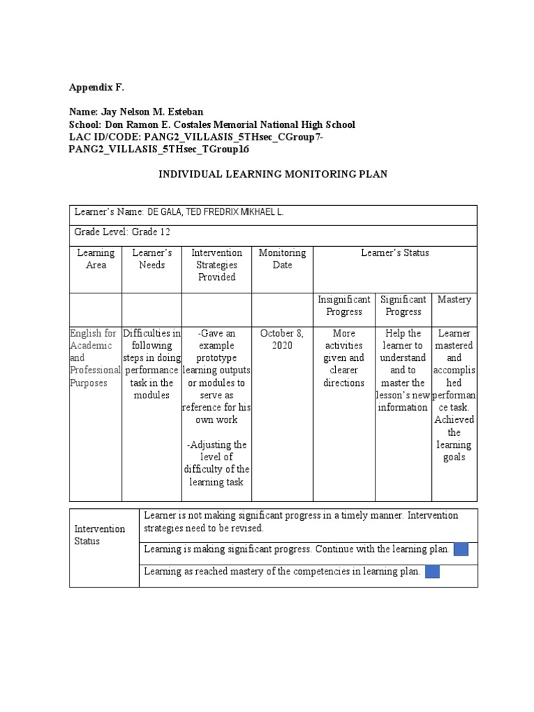 Individual Learning Monitoring Plan EAPP | PDF