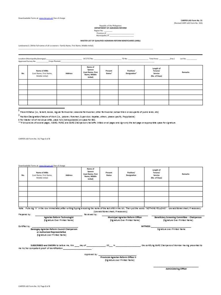 Carper Lad Form No 31 Barc Certified Master List of Qualified Arbs ...
