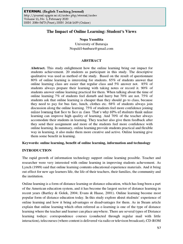 The Impact of Online Learning: Student's Views: Nopa Yusnilita | PDF ...
