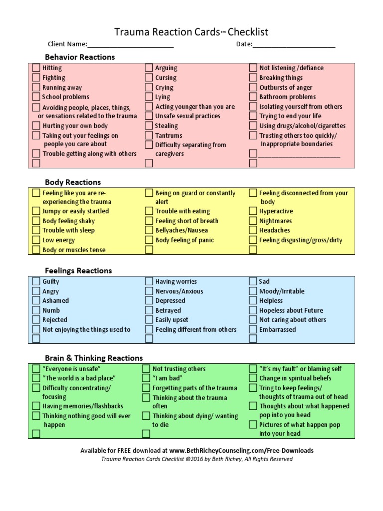 Trauma Reaction Cards Checklist: Behavior Reactions | PDF ...