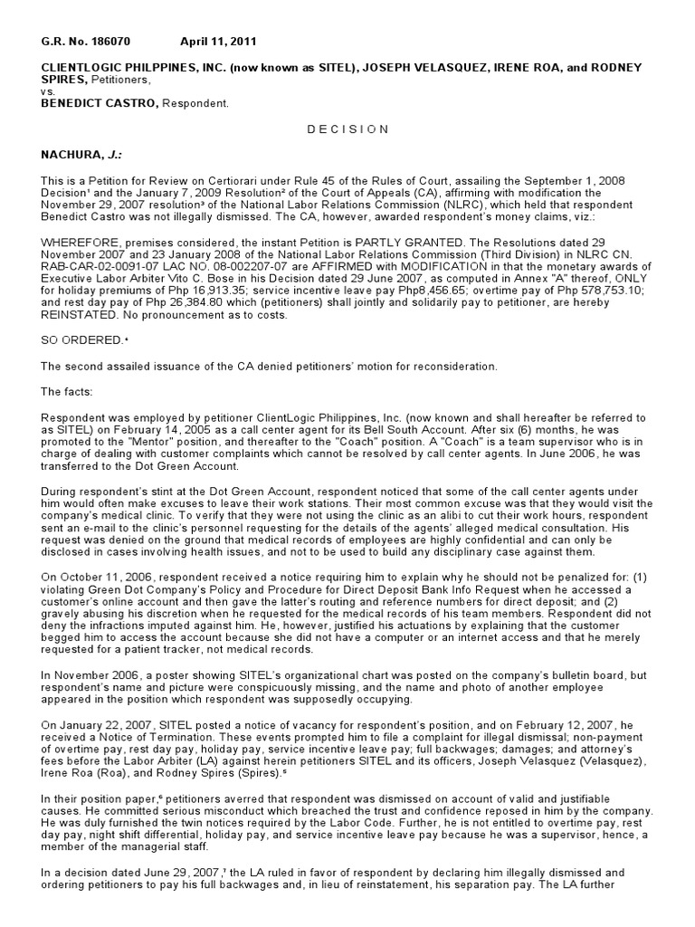 Clientlogic Vs Castro (Labor) | PDF | Overtime | Employment