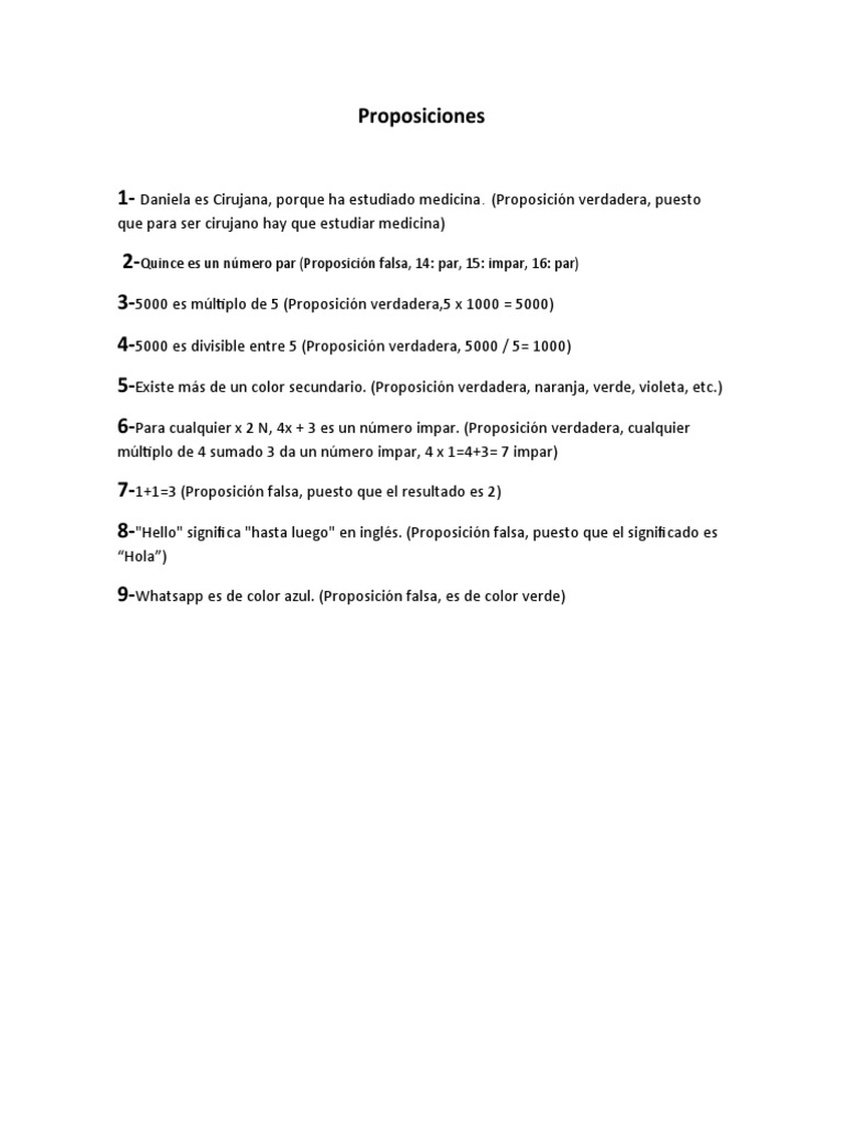 Tipos y ejemplos de proposiciones verdaderas y falsas | PDF