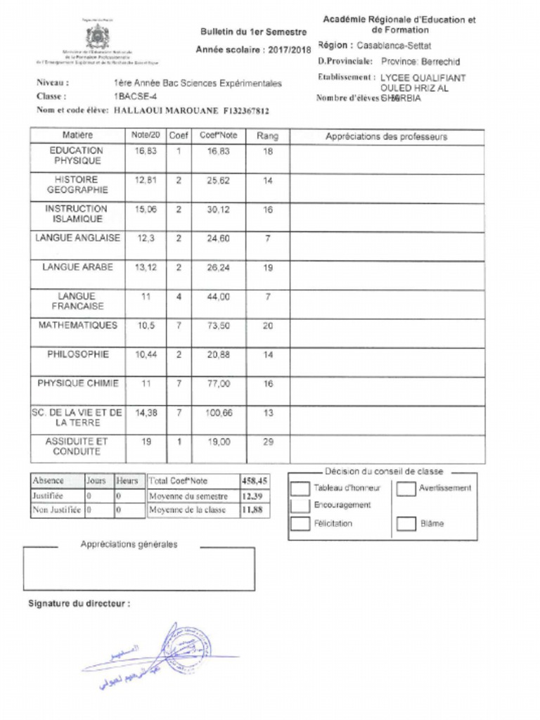 Bulletin Du 1er Semestre 1bac | PDF