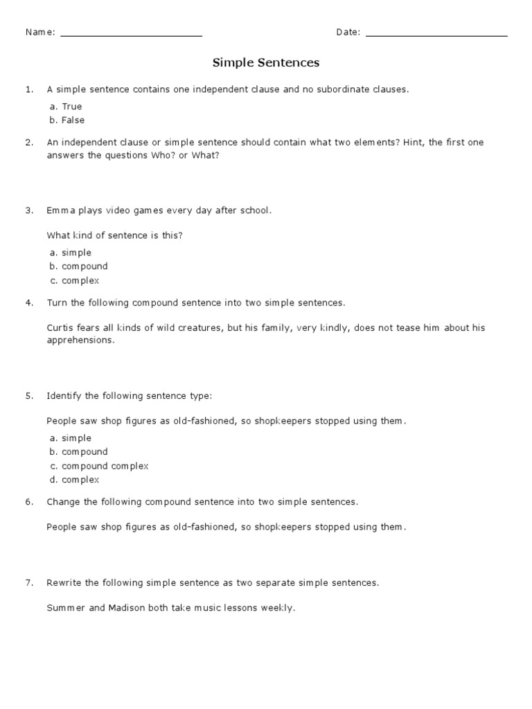 6th Grade Simple Sentences Worksheet | PDF