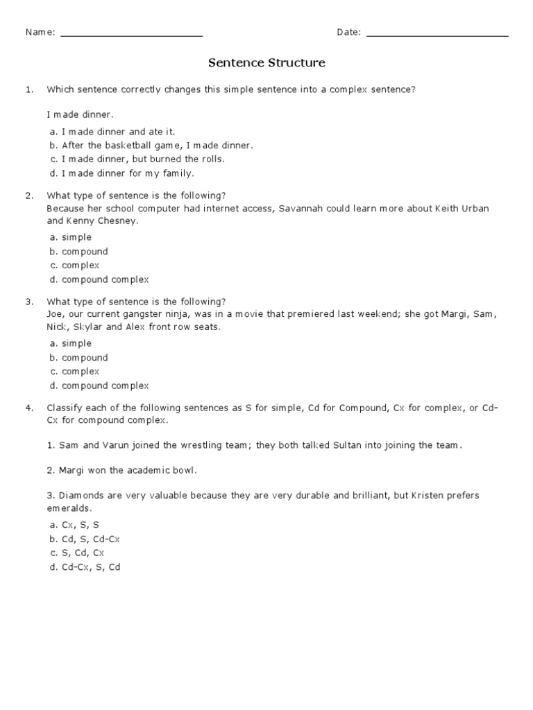 7th Grade Sentence Structure Practice | PDF | Sentence (Linguistics ...