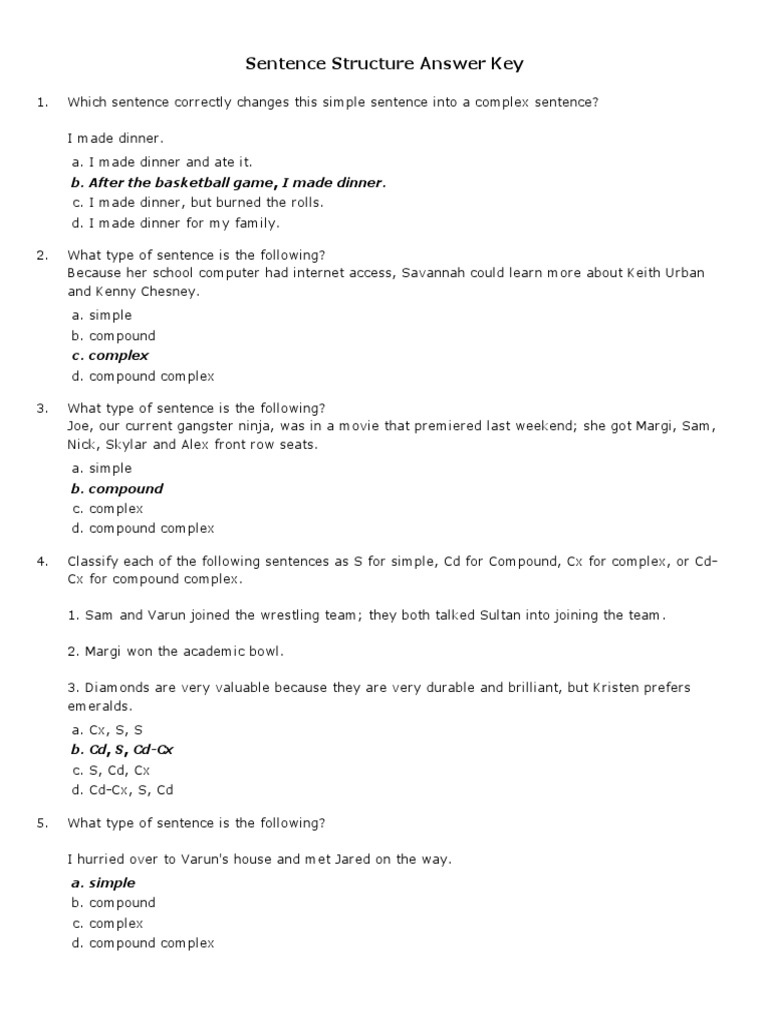 Sentence Structure Answer Key - Help Teaching | PDF | Sentence ...