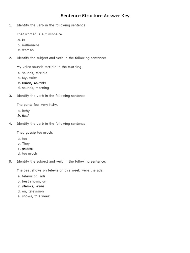Sentence Structure Answer Key - HelpTeaching | PDF