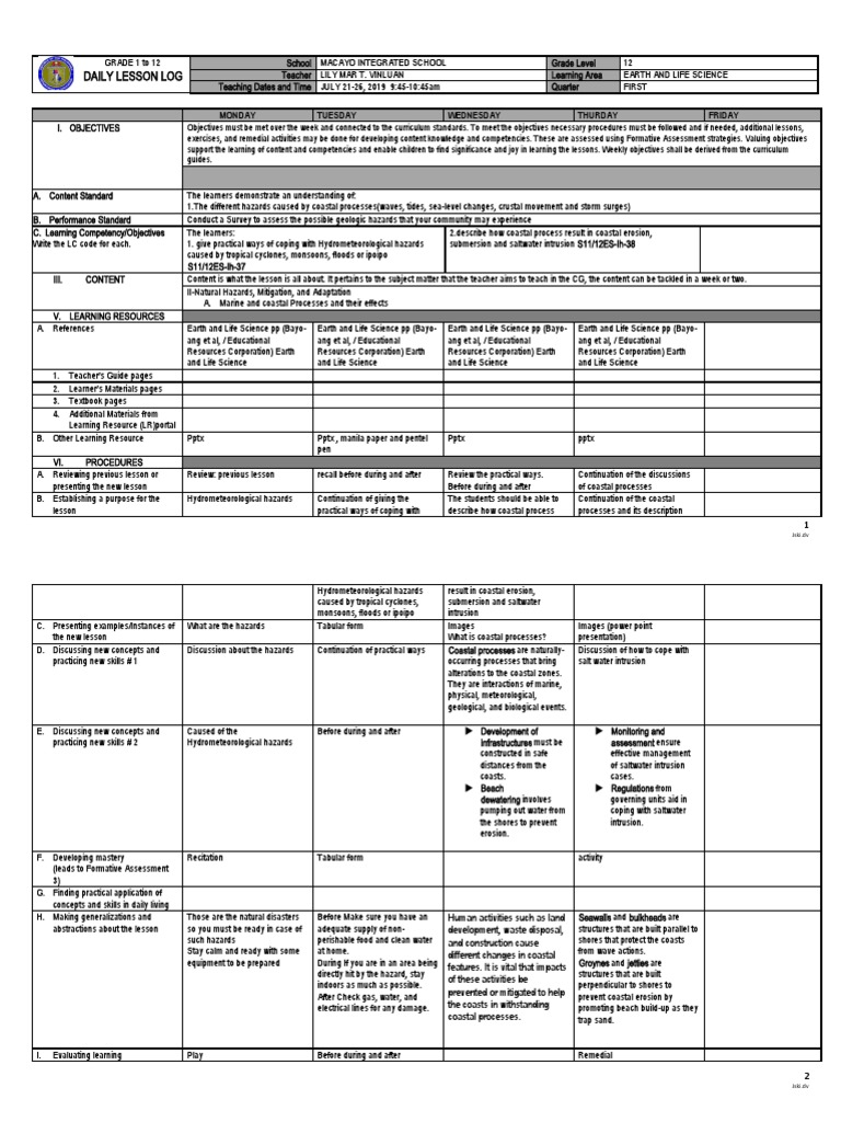 Week 8 Earth and Life Science DLL | PDF | Learning | Teachers