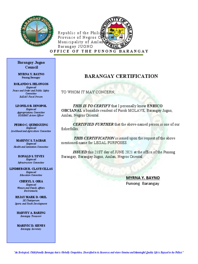 Barangay Certification: Office of The Punong Barangay Barangay Jugno Council | PDF | Natural ...