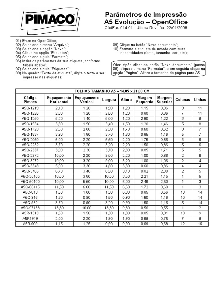 Parâmetros de configuração de etiquetas no formato A5 no OpenOffice | PDF