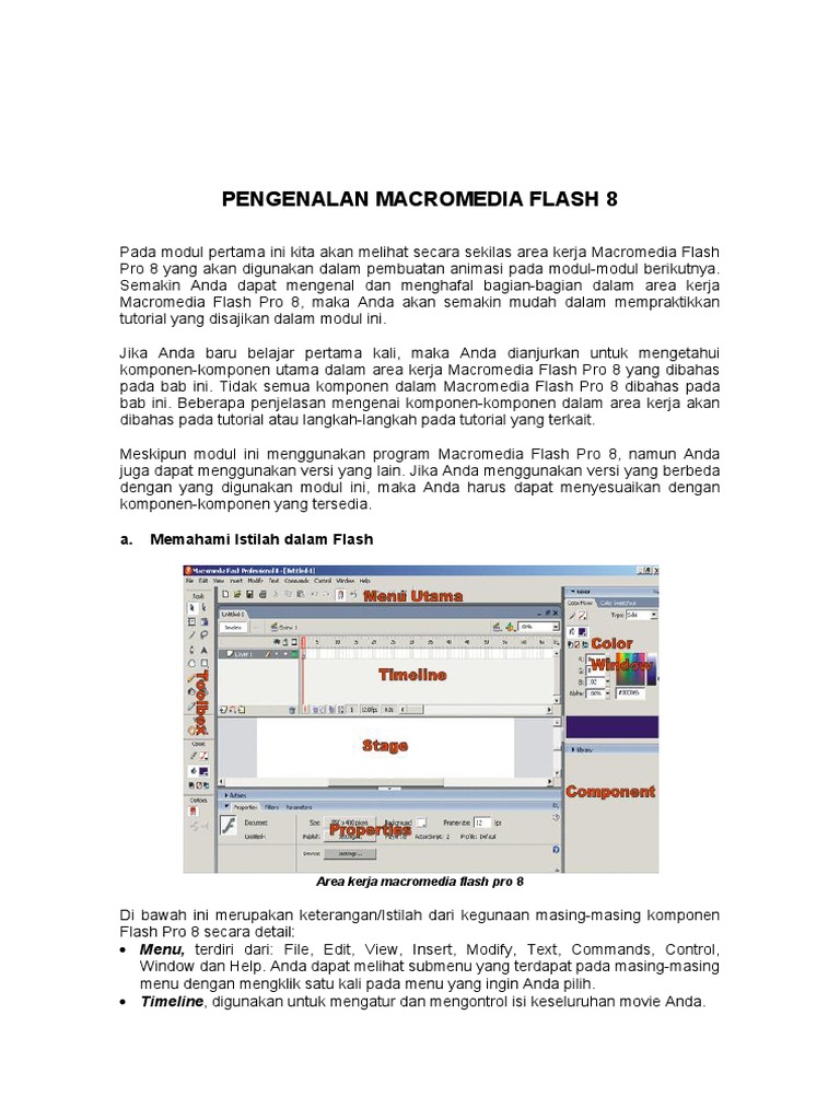 Pertemuan 1 & 2 MACROMEDIA FLASH 8 | PDF | Metode & Bahan Ajar | Seni