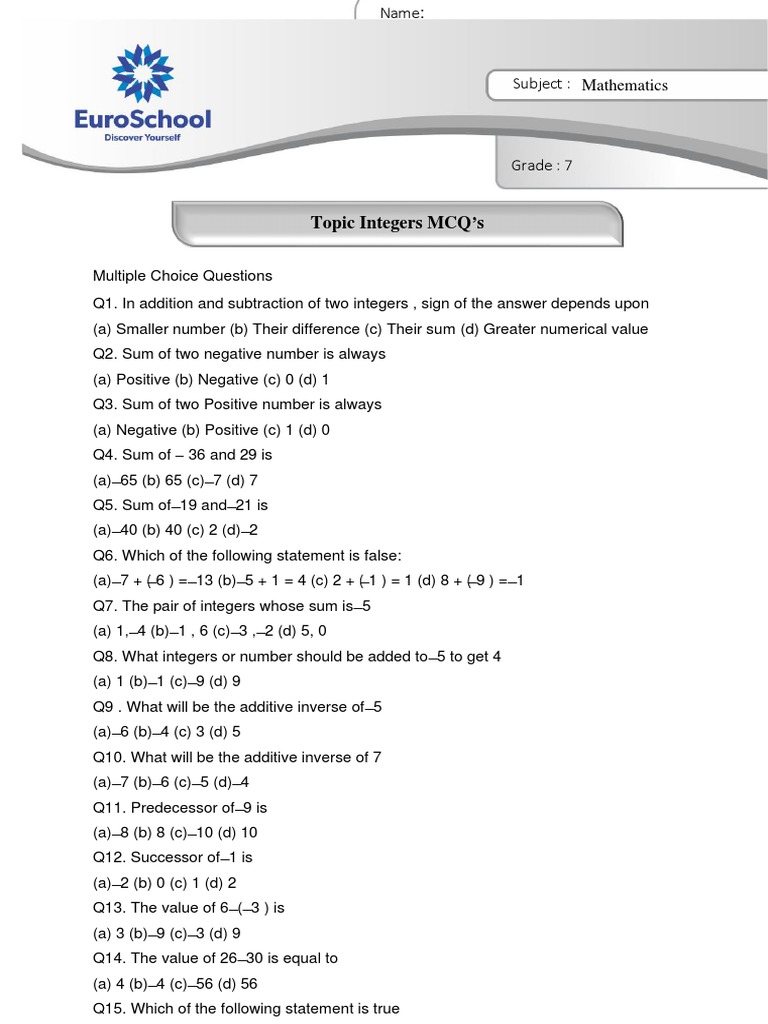 Grade 7 Math Recap Worksheet-4 | PDF | Integer | Ring Theory