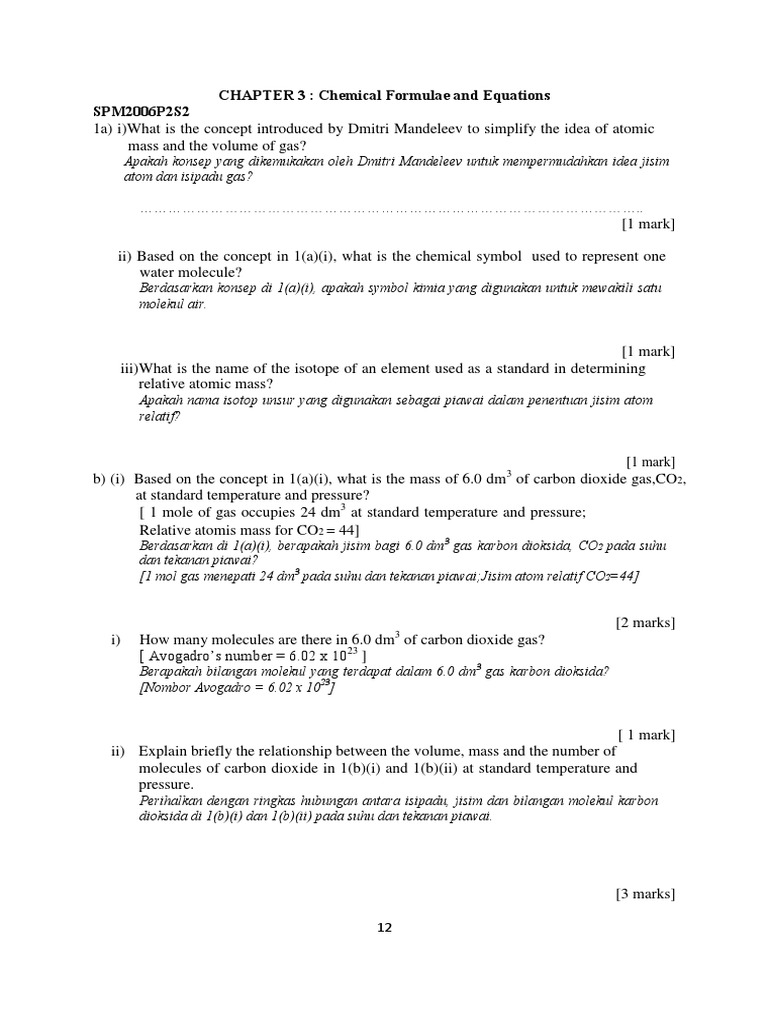 CHAPTER 3: Chemical Formulae and Equations SPM2006P2S2 | PDF
