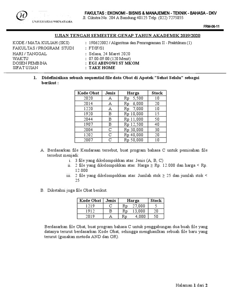 06 19202 UTS 190622002 Algoritma Dan Pemrograman II Praktikum 1 EGI ABINOWI ST MKOM Reguler A ...