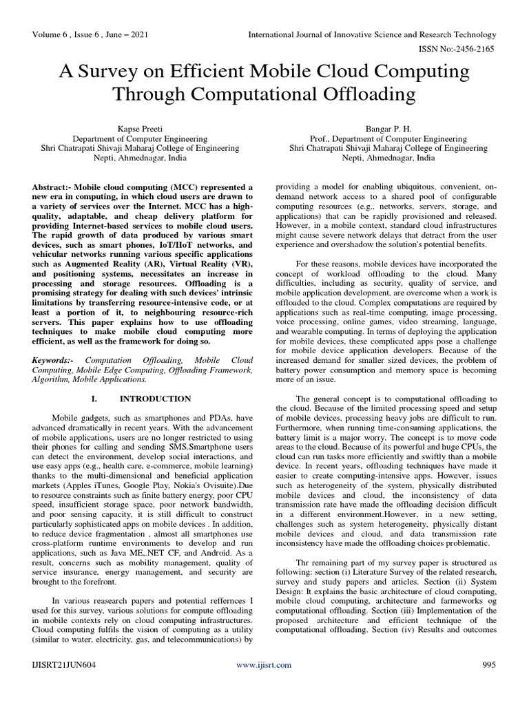 A Survey On Efficient Mobile Cloud Computing Through Computational Offloading Pdf Cloud