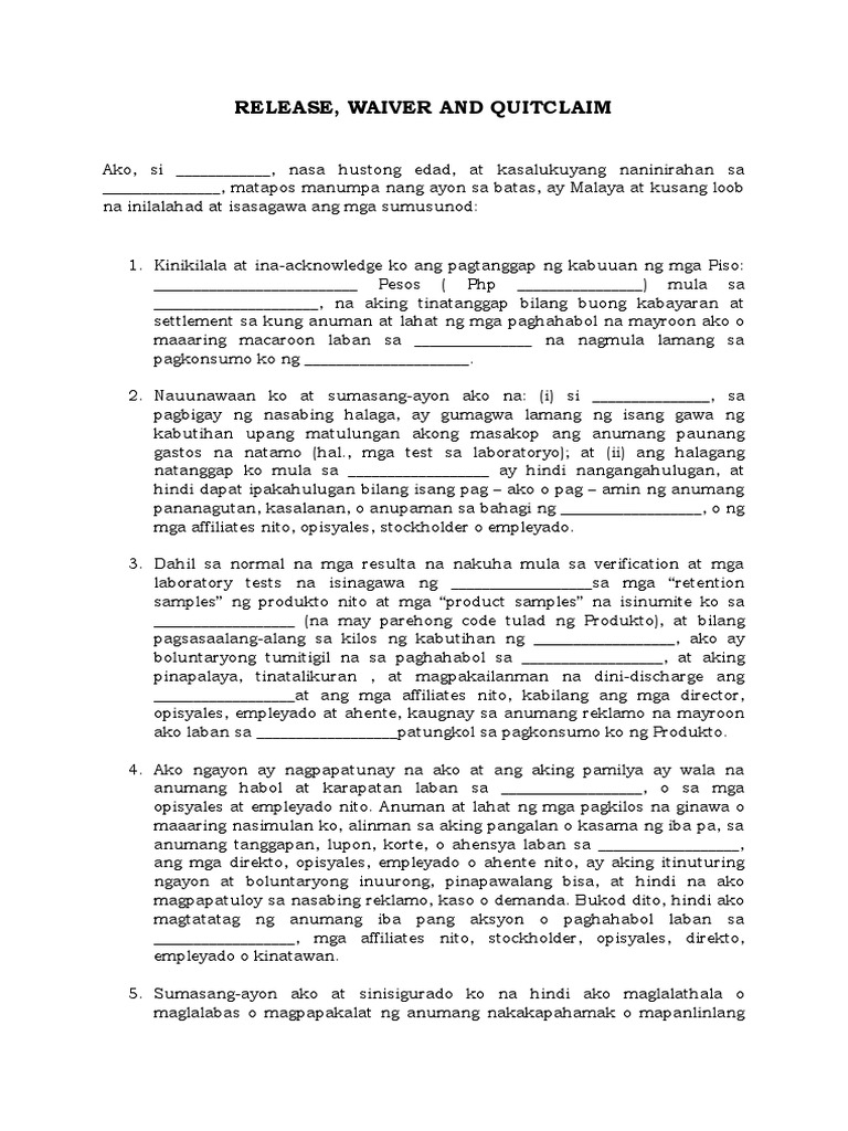 Release Waiver Quitclaim Tagalog Template | PDF