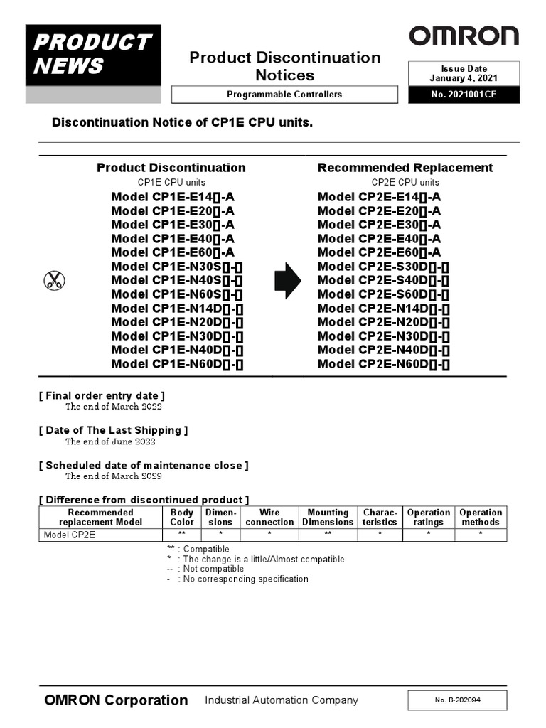 CP1E CPU Units Discontinuation Notice | PDF | Electronics | Computer ...