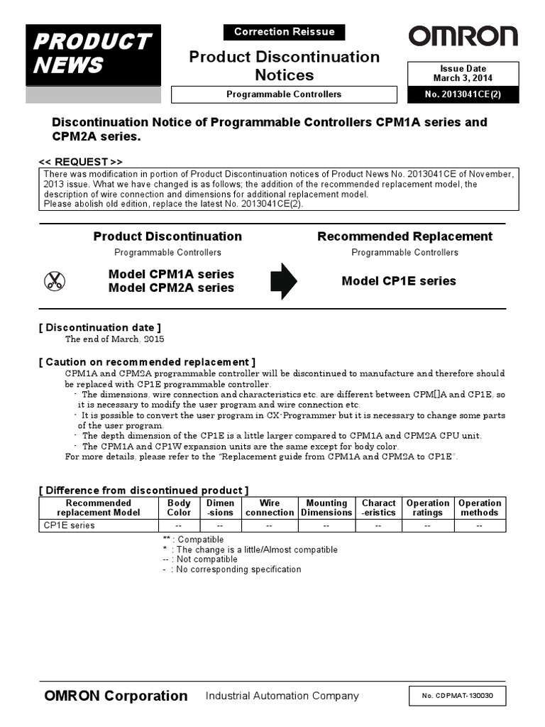 Discontinuation Notice - CPM2A To CP1E | PDF | Programmable Logic ...