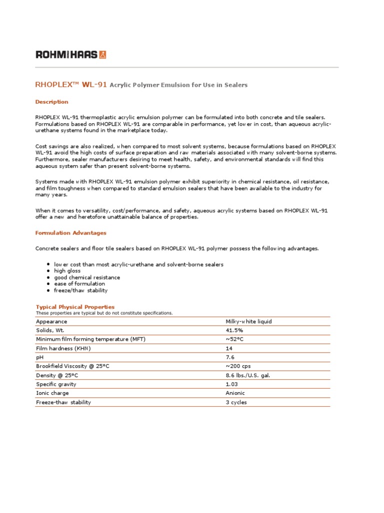Rhoplex WL 91 PDF | PDF | Poly(Methyl Methacrylate) | Wear