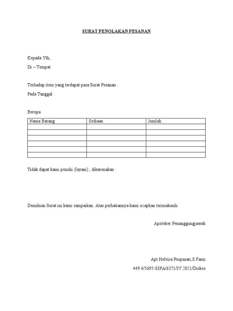Surat Penolakan Pesanan | PDF