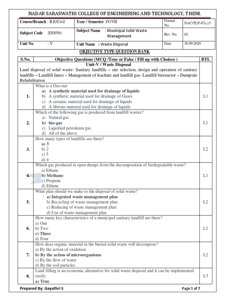 MSWM UNIT V Objective Type Question Bank Website | PDF | Landfill ...