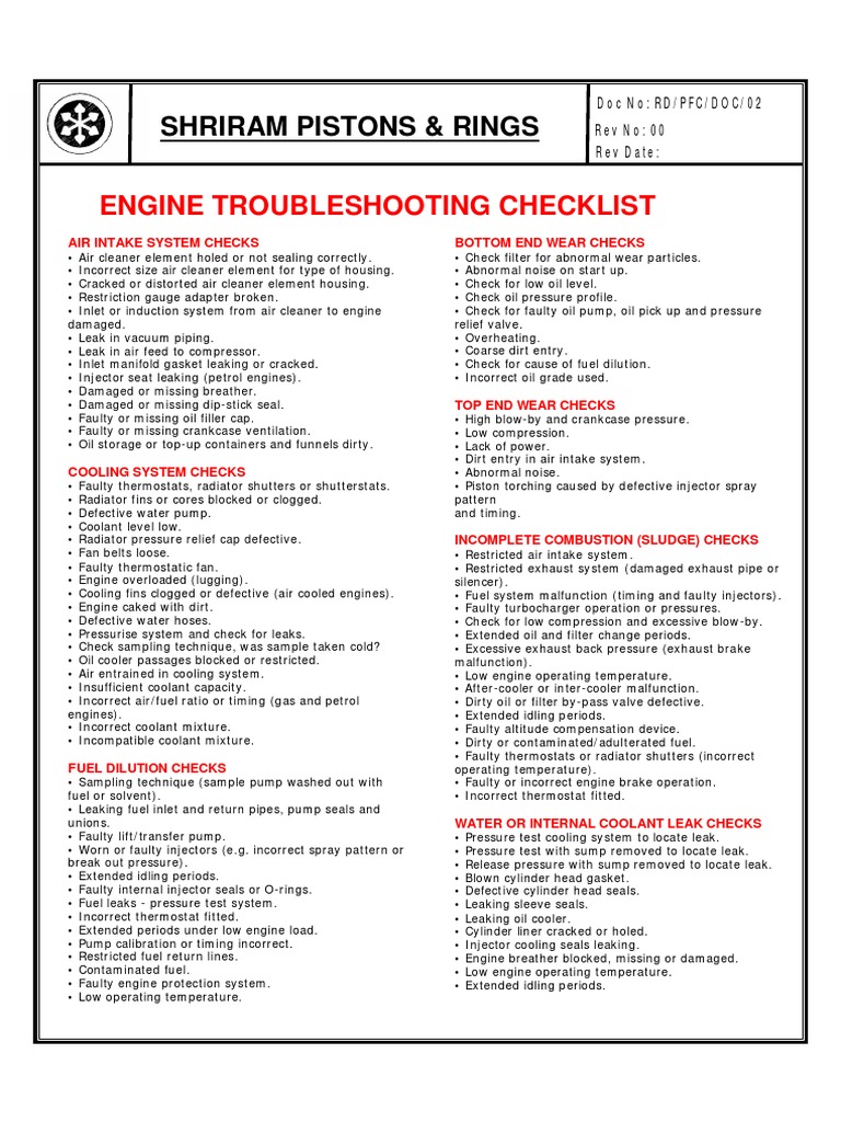 Shriram Pistons & Rings: Engine Troubleshooting Checklist | PDF | Leak ...