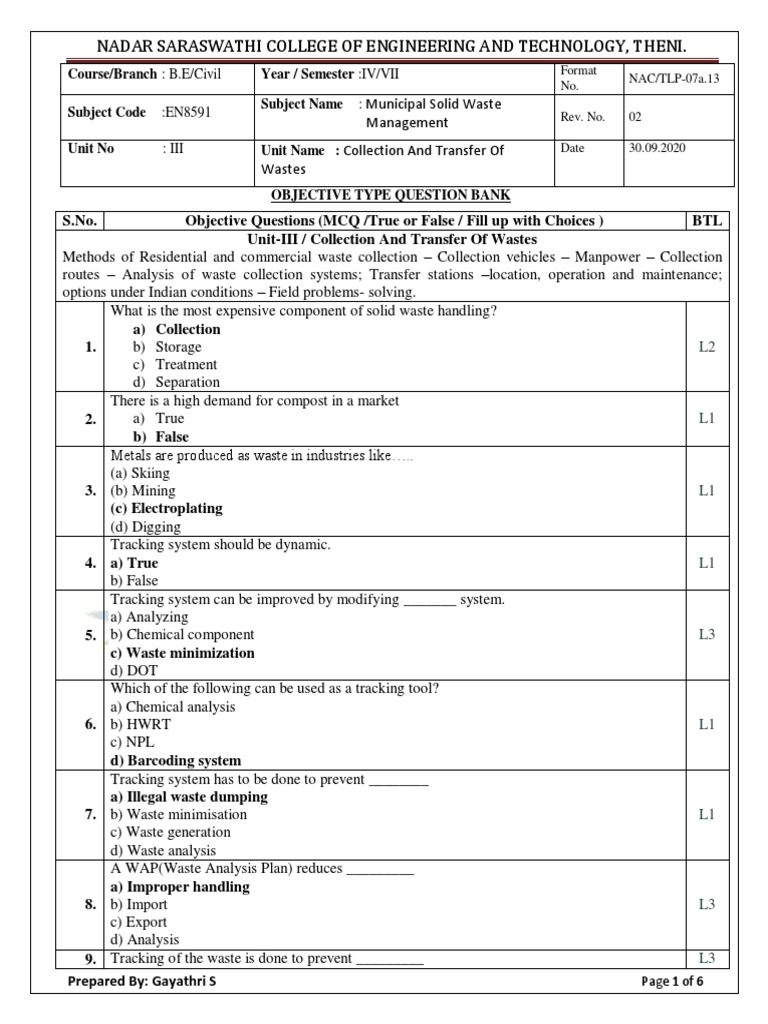 MSWM UNIT III Objective Type Question Bank Website | PDF | Municipal ...