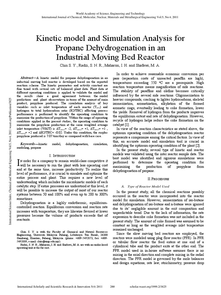 Kinetic Model and Simulation Analysis For Propane Dehydrogenation in An ...