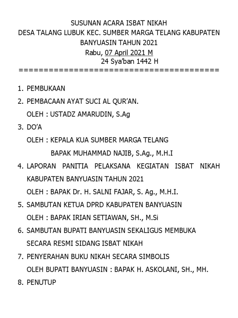 Susunan Acara Isbat Nikah 2021 | PDF
