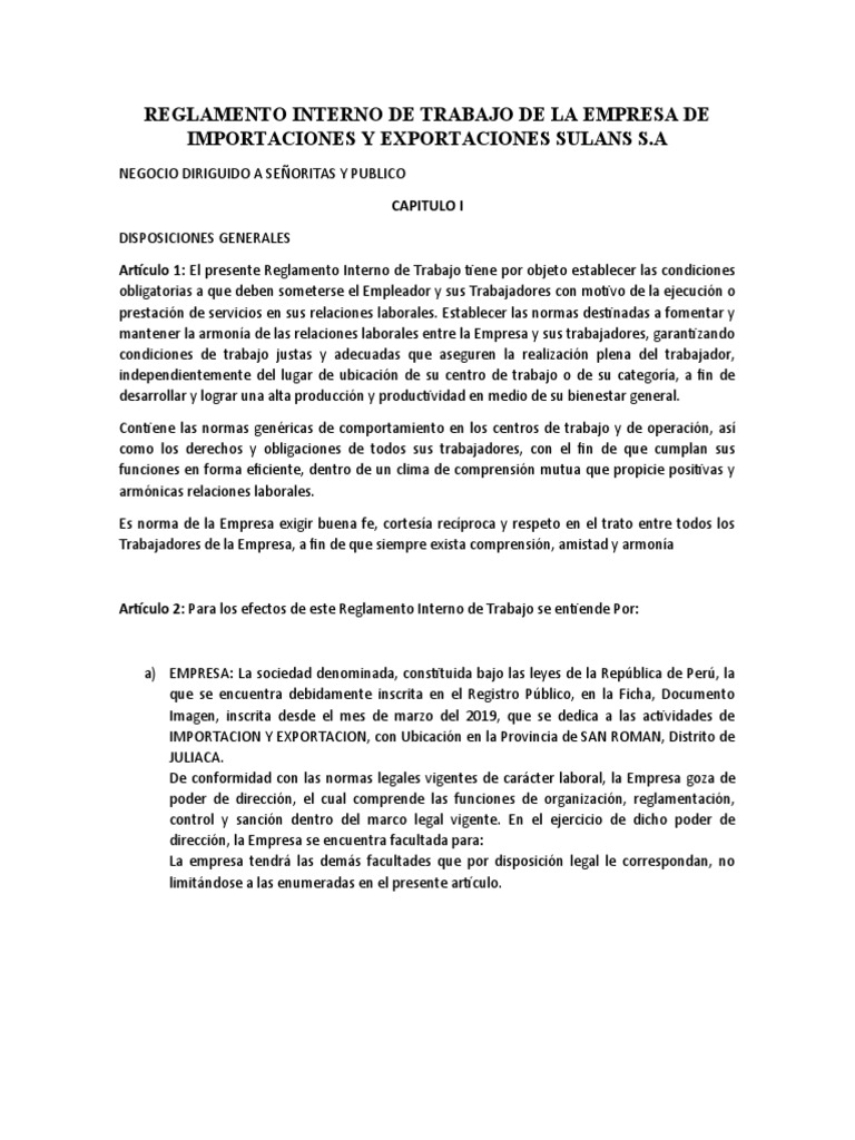 Reglamento Interno de Trabajo de La Empresa de Importaciones y ...