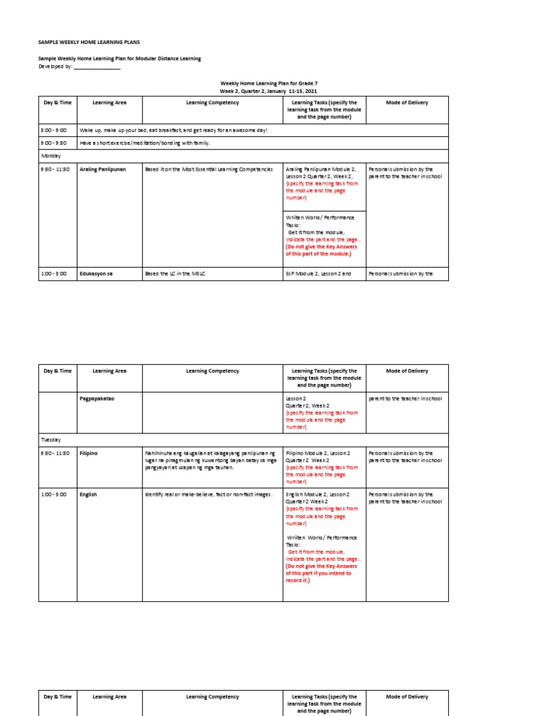 Sample Weekly Home Learning Plan With Assessment Schedule. | Download Free PDF | Applied ...