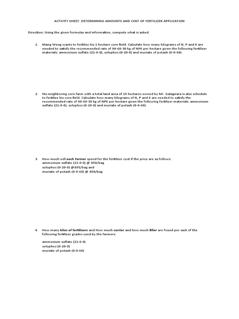 ACTIVITY SHEET - Fertilizer Computation | PDF | Fertilizer | Plant ...