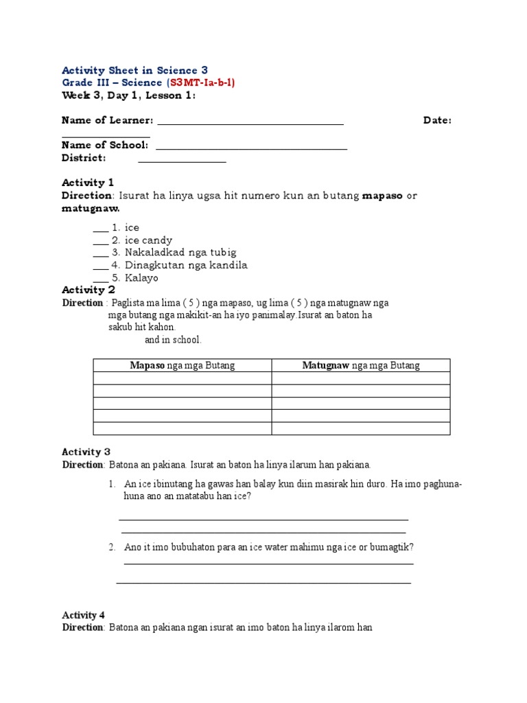Activity Sheet in Science 3 Week 3 Q1 | PDF