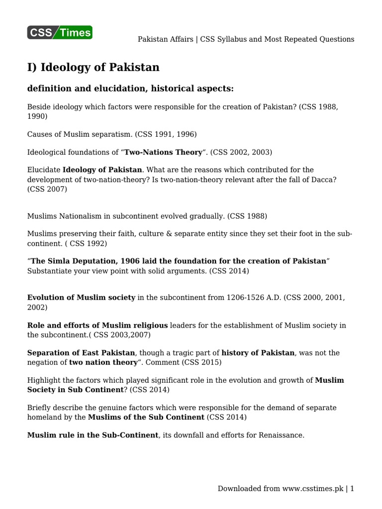 Pakistan Affairs - CSS Syllabus and Most Repeated Questions | PDF ...