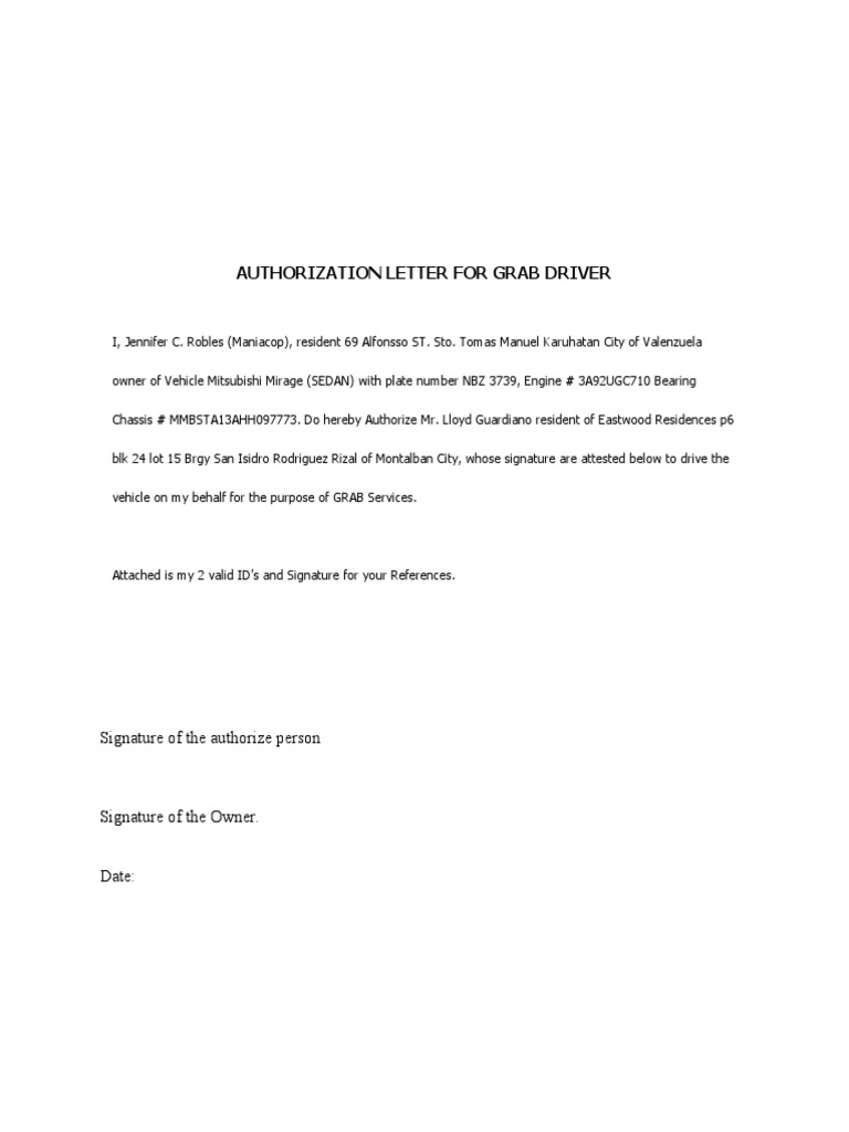 Authorization Letter For Grab Driver | PDF