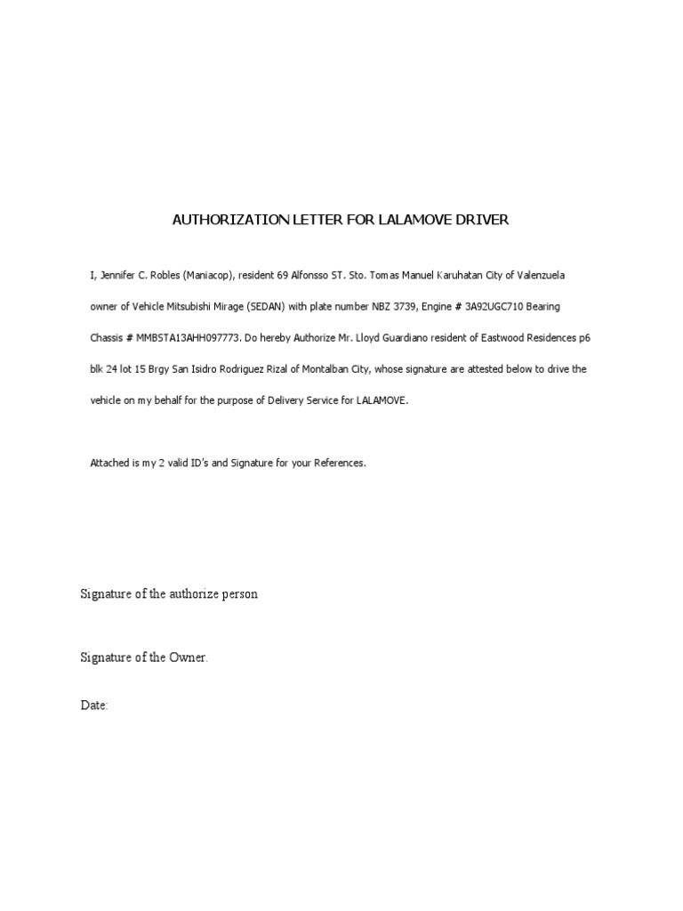 Authorization Letter For Lalamove Driver | PDF