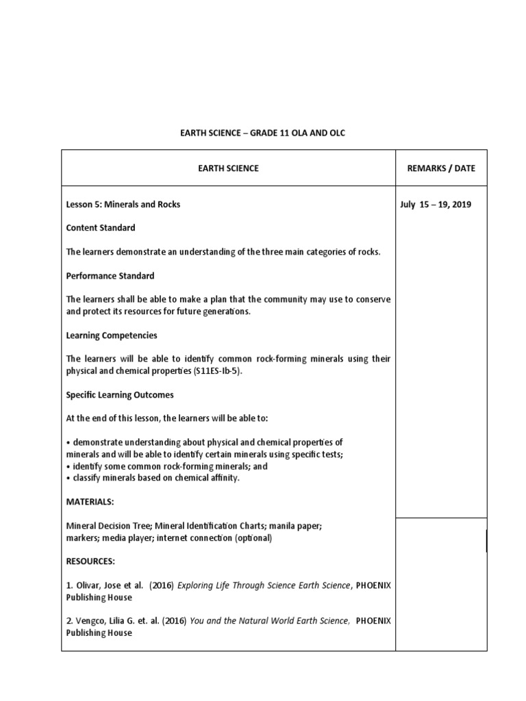 Earth Science - Grade 11 Ola and Olc | PDF | Rock (Geology) | Minerals