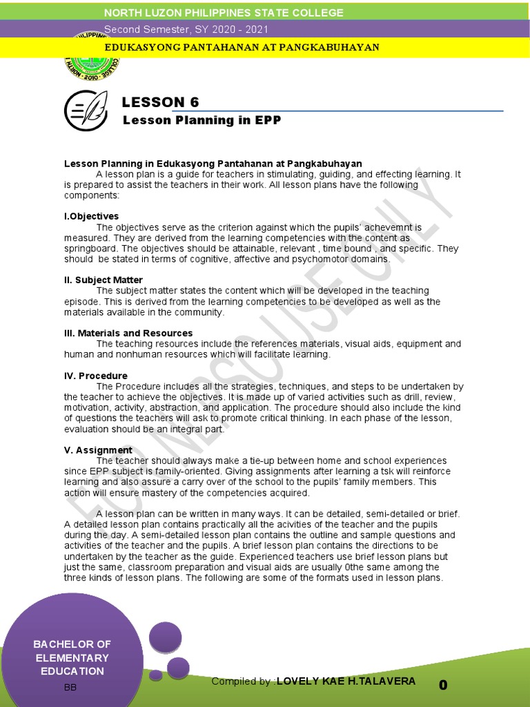 Lesson 6: Lesson Planning in EPP | Download Free PDF | Lesson Plan ...