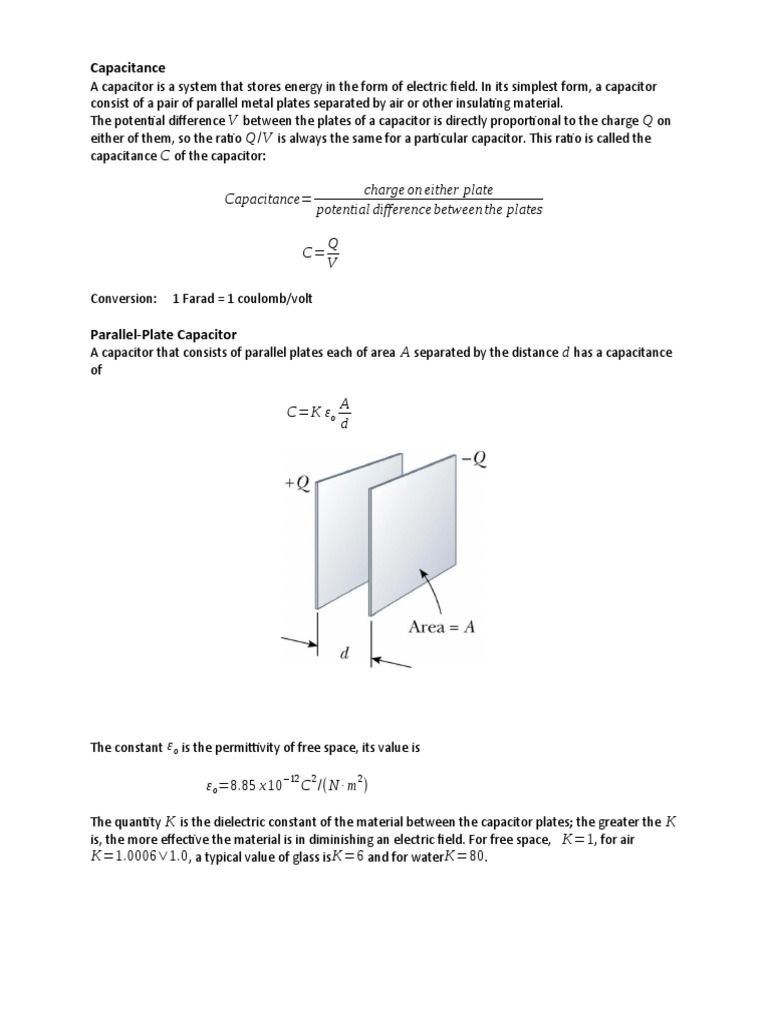 V Q Q/V C Capacitance Charge On Either Plate Potential Difference ...