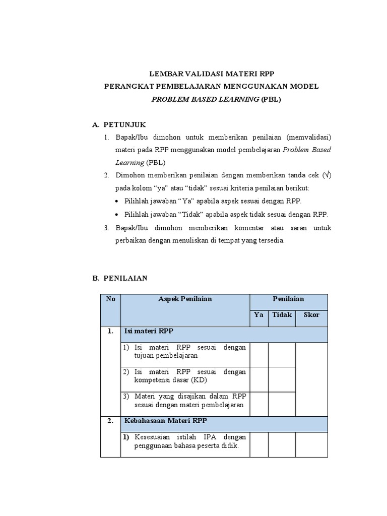 Lembar Validasi Materi RPP | PDF