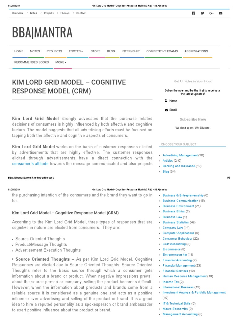 Kim Lord Grid Model - Cognitive Response Model (CRM) - BBA - Mantra ...