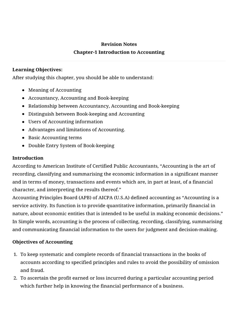 Revision Notes Chapter-1 Introduction To Accounting | PDF | Bookkeeping ...