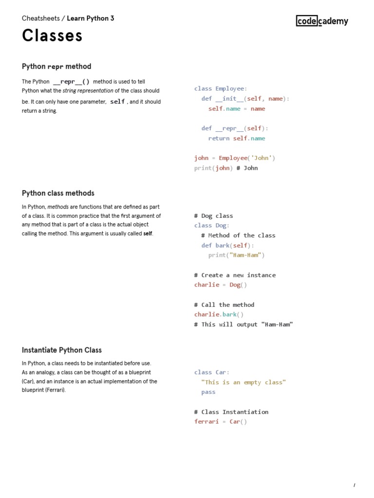Learn Python 3 - Classes Cheatsheet - Codecademy | PDF | Inheritance ...