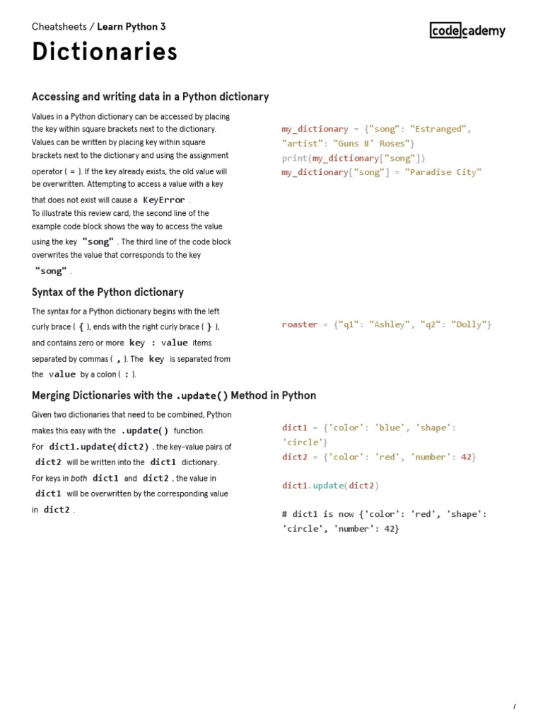 Learn Python 3 - Dictionaries Cheatsheet - Codecademy | PDF | Data Type ... Learn Python 3 - Dictionaries Cheatsheet - Codecademy | PDF | Data Type ...