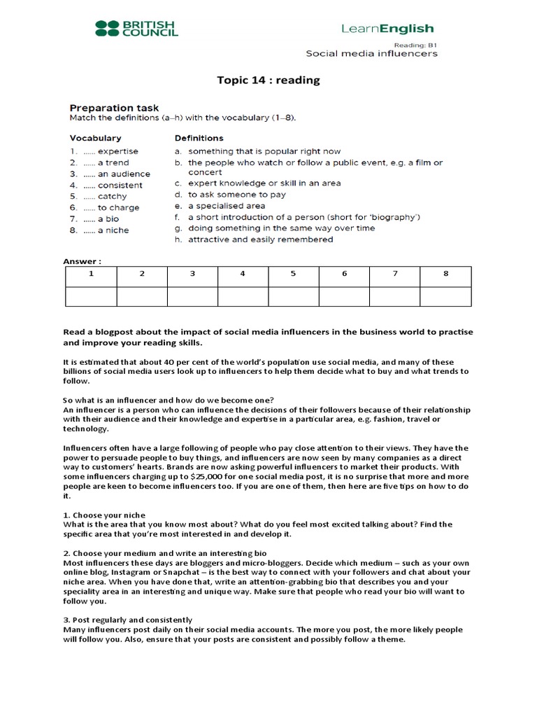 Topic 14: Reading: Answer | PDF | Social Media | Popular Culture ...