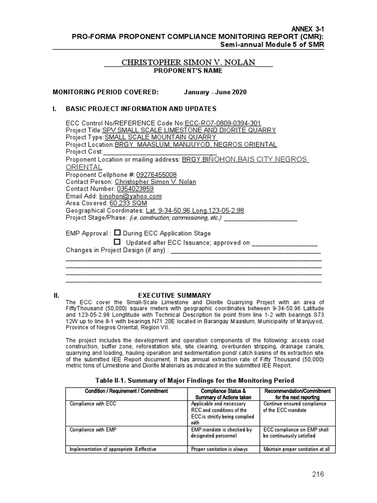 Christopher Simon V. Nolan - : Pro-Forma Proponent Compliance Monitoring Report (CMR) : Semi ...