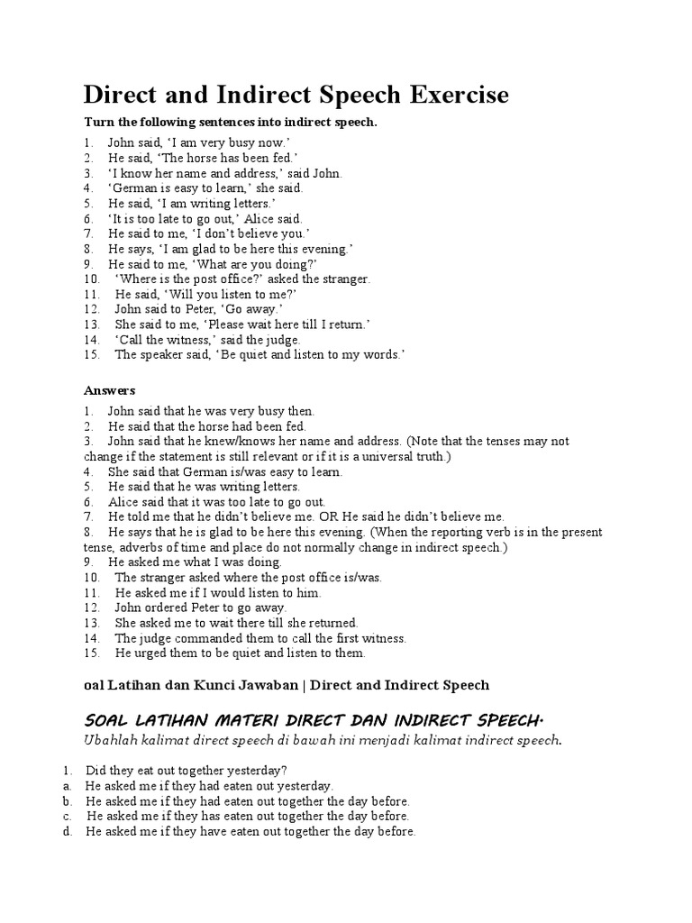 Direct and Indirect Speech Exercises | PDF | Linguistic Morphology ...