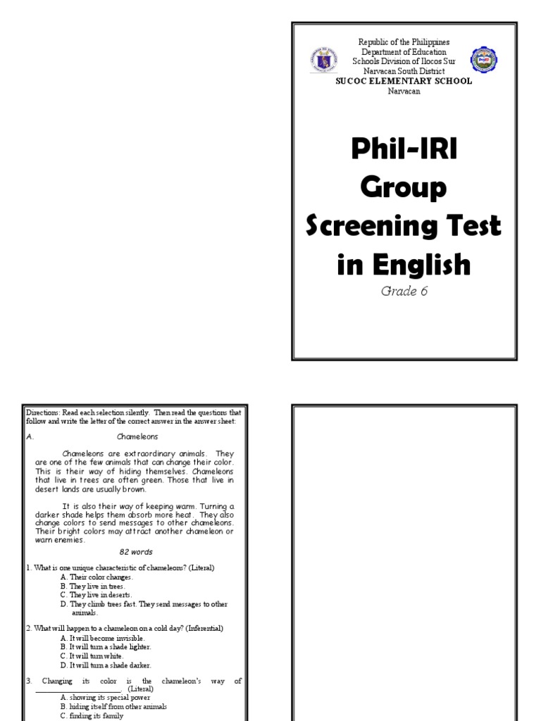 Phil-IRI Group Screening Test in English: Grade 6 | PDF | Coral Reef | Fish