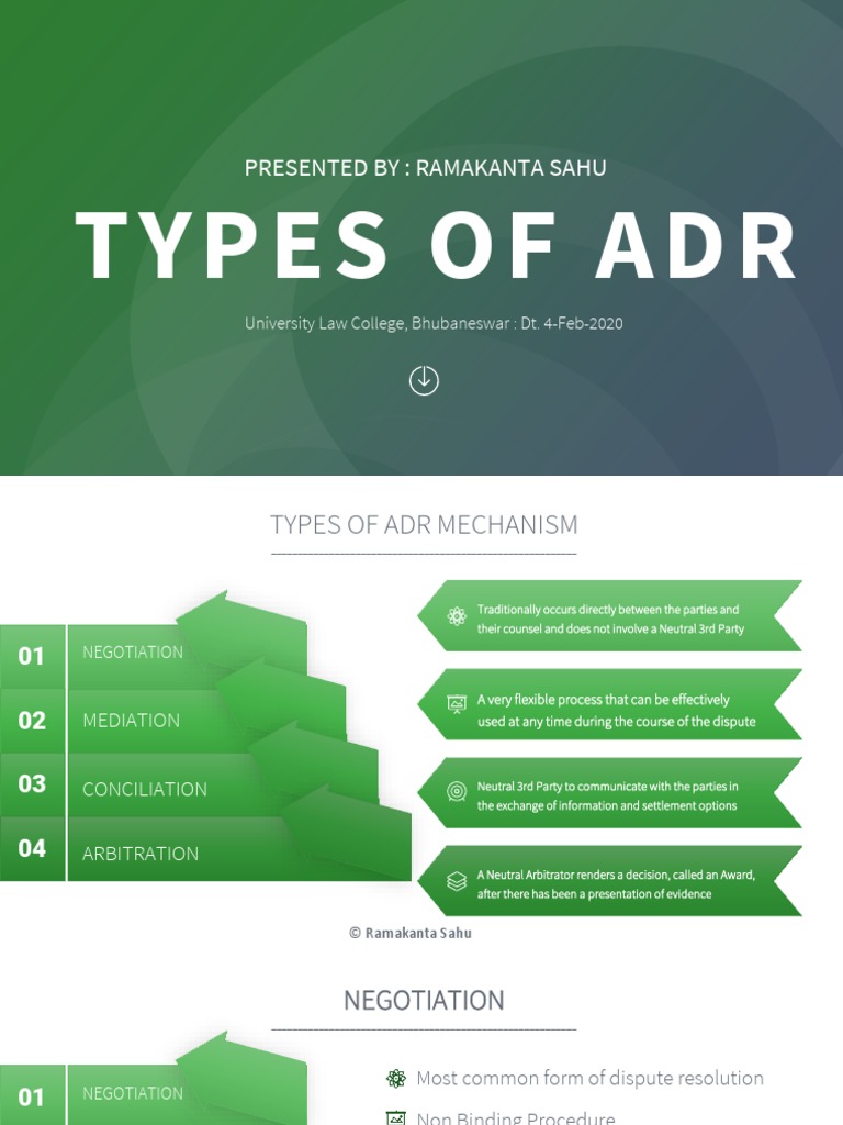 Types of Adr: Presented By: Ramakanta Sahu | PDF | Arbitration | Mediation