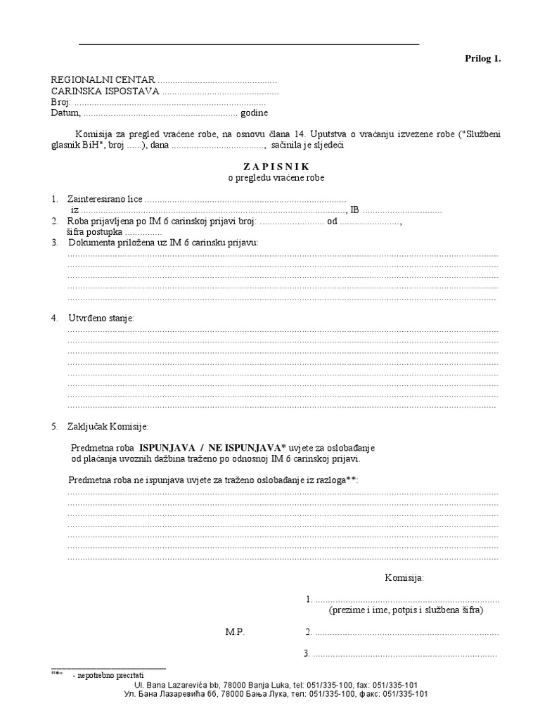 Prilog 1. - Zapisnik o Pregledu Vraćene Robe | PDF